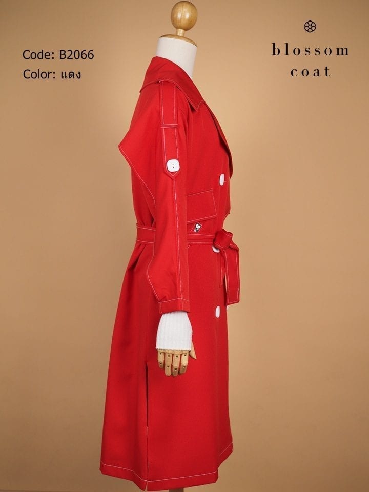 B2066 Trench Coat ขลิบขาว สีแดง - Blossom Coat