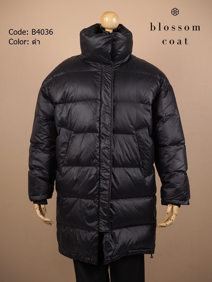 B4036 โค้ทนวมปล้องดำยาว คอ dance สีดำ - Blossom Coat